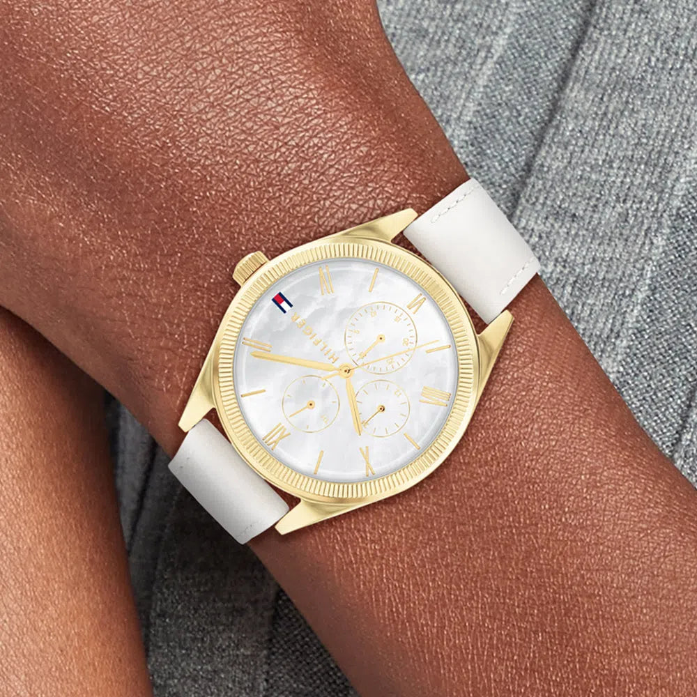 Tommy Hilfiger 1782594 White Mother of Pearl Dial White Leather Strap ...